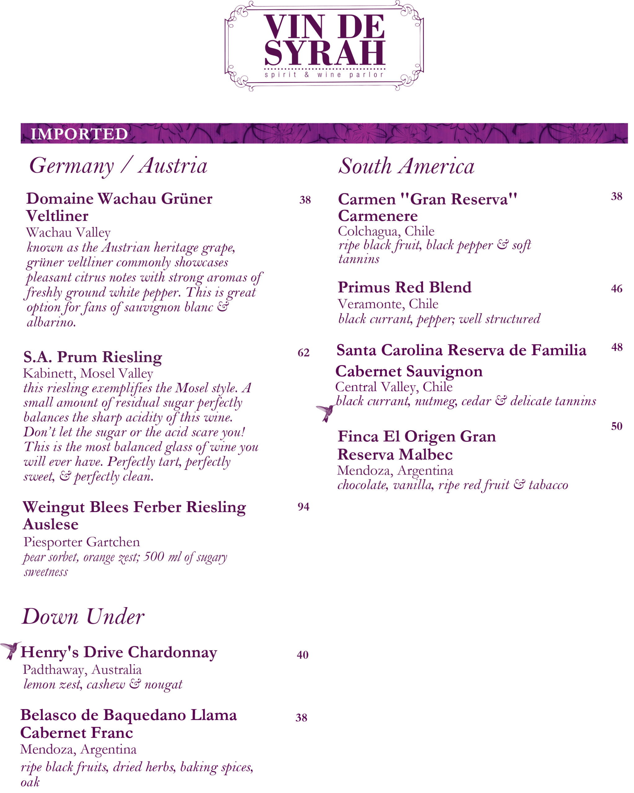 Food & Drink Menu - Vin de Syrah