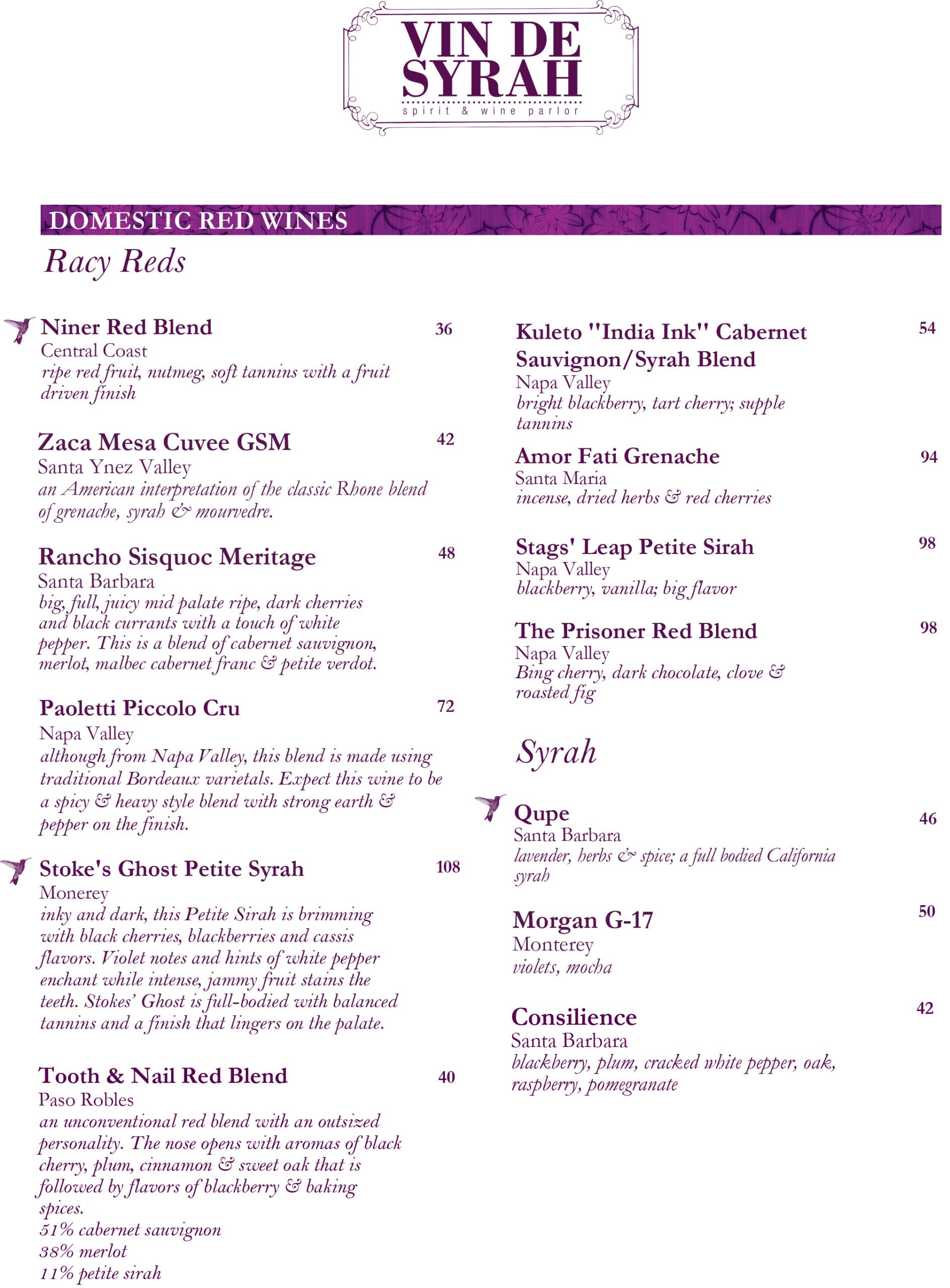 Food & Drink Menu - Vin de Syrah