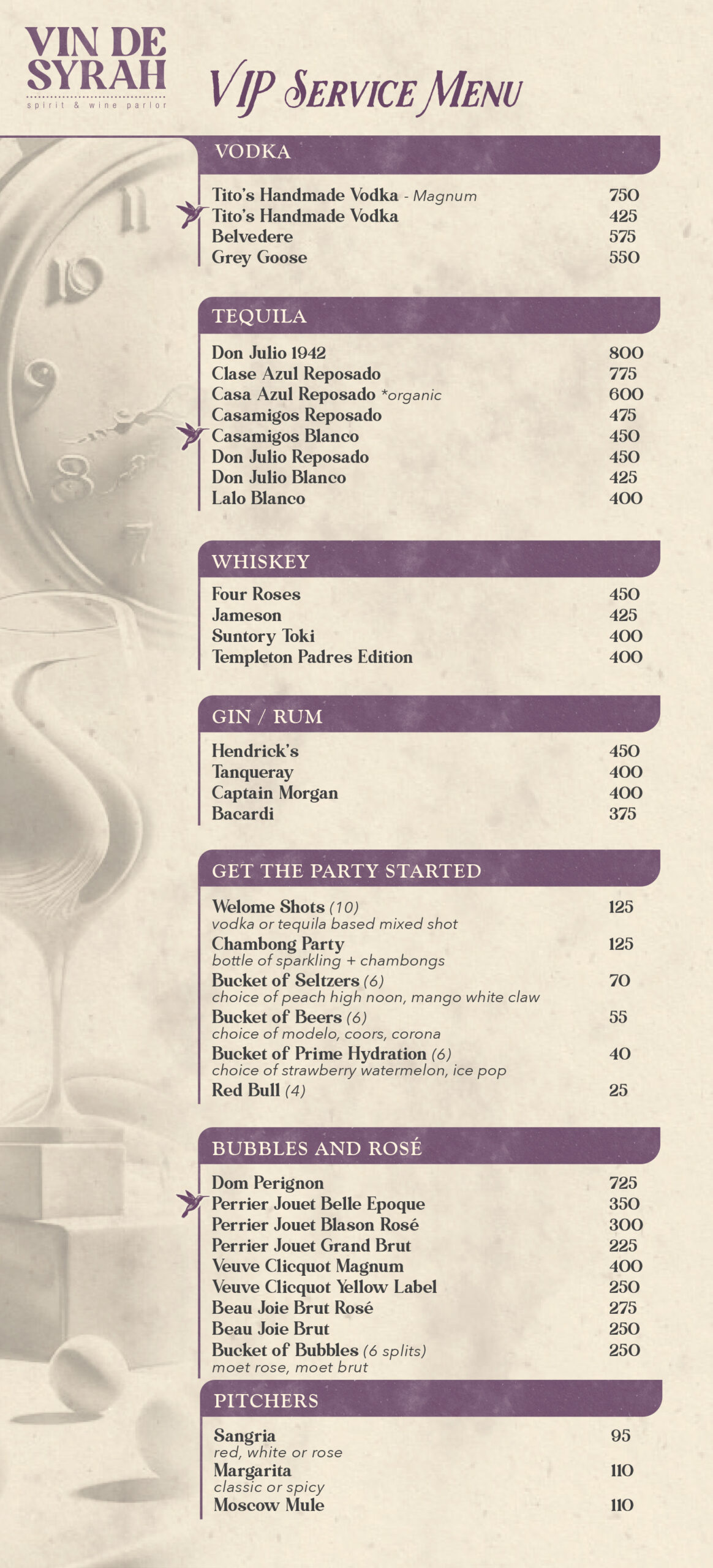 Bottle Service Menu | Vin de Syrah