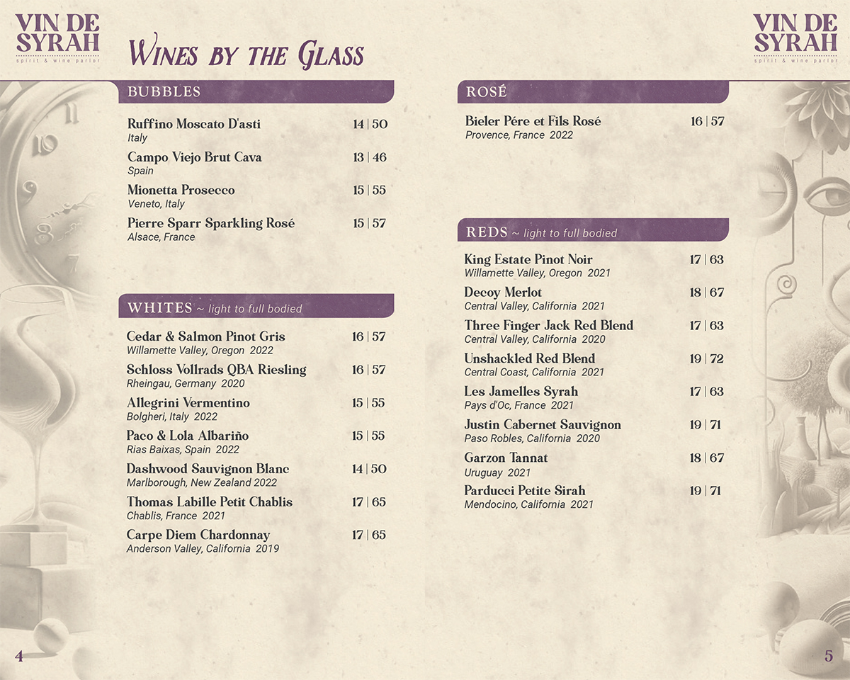 Food & Drink Menu | Vin de Syrah